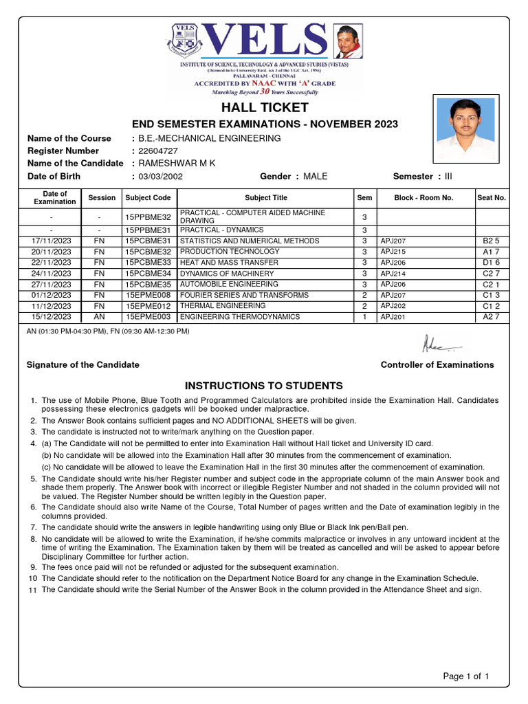 Print Student Hall Ticket | Download Free PDF | Engineering