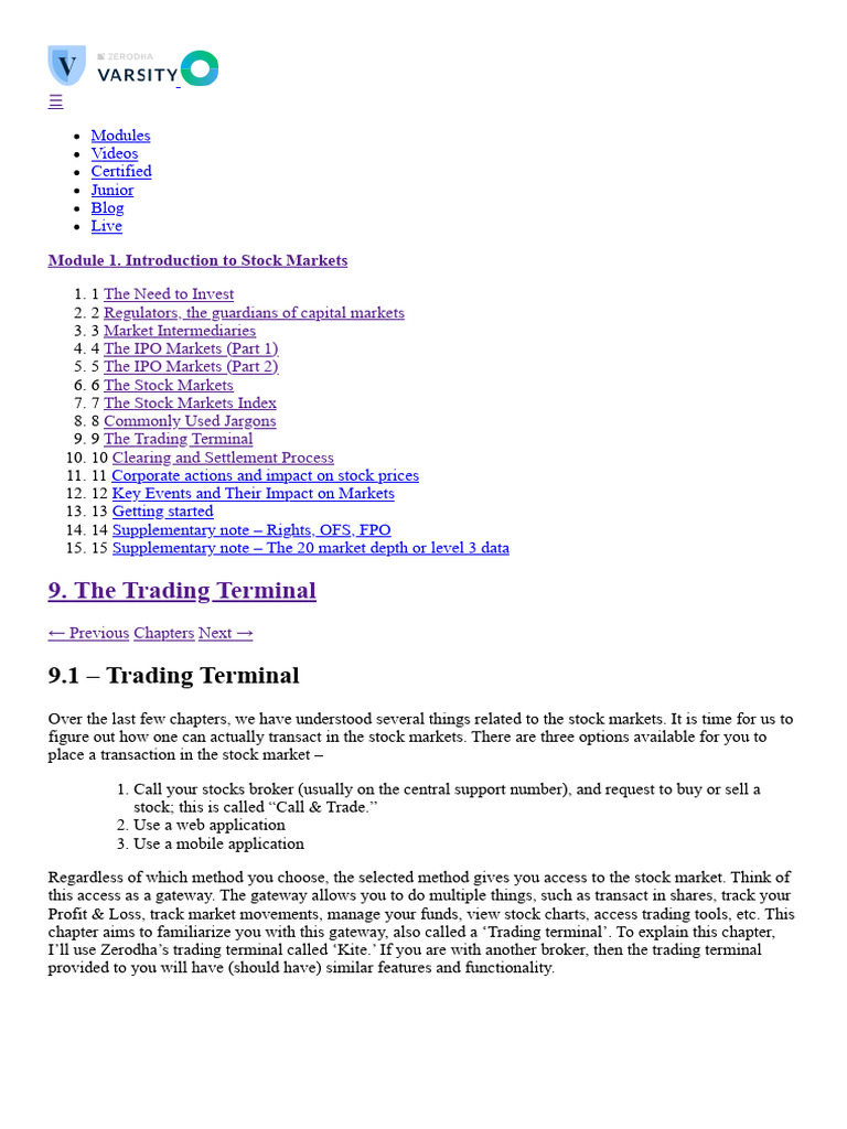 Trading Terminal Basics Guide | PDF | Order (Exchange) | Stocks