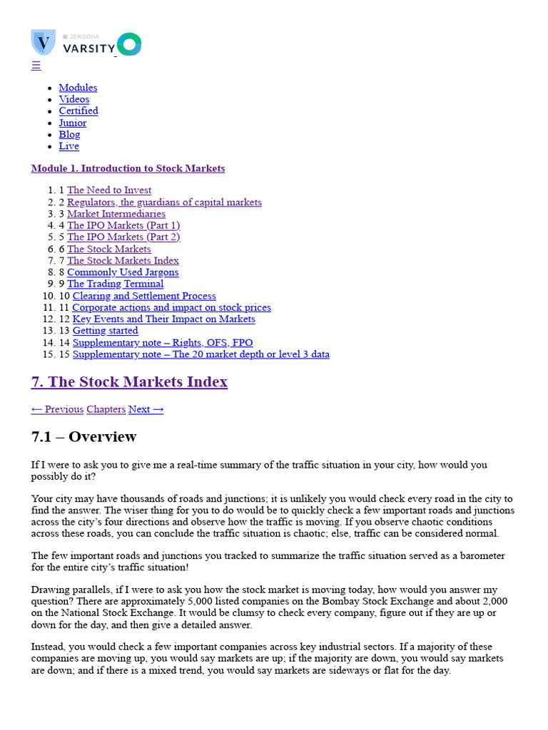 The Stock Markets Index - Varsity by Zerodha | PDF | Stock Market Index | Stocks