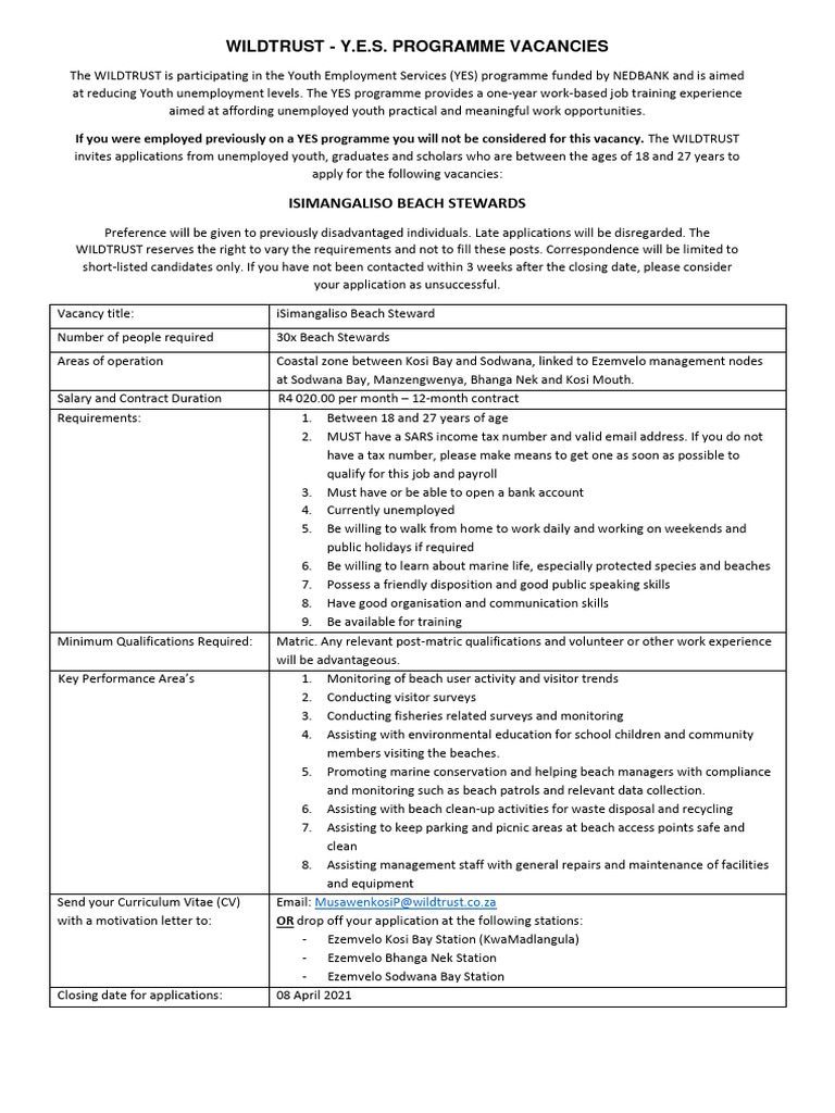 Nedbank YES-project - Vacancy Ezemvelo-Support | PDF | Payroll Tax ...