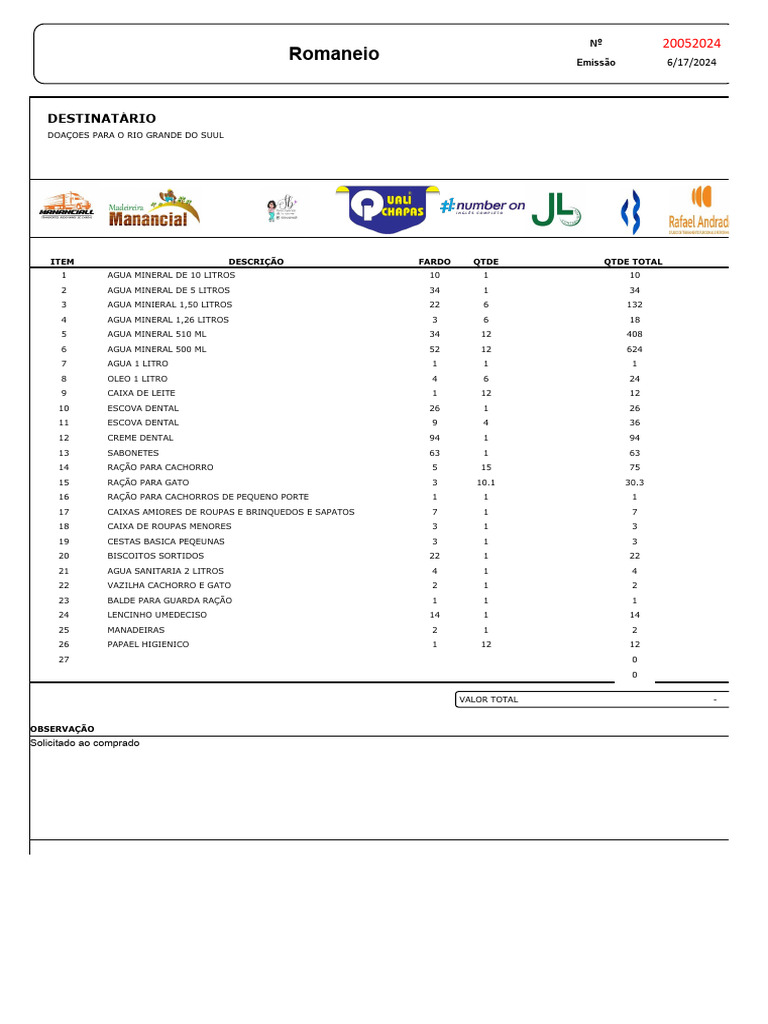 Formulario de Romaneio em Excel | PDF