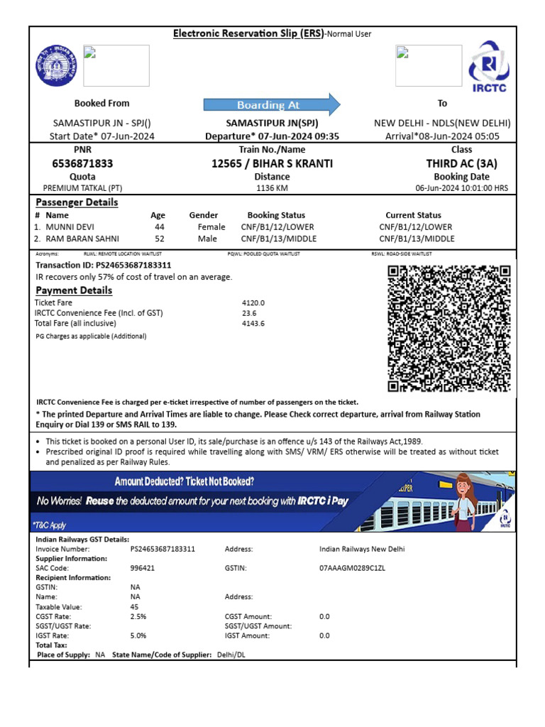 IRCTC Ticket Booking Confirmation | PDF