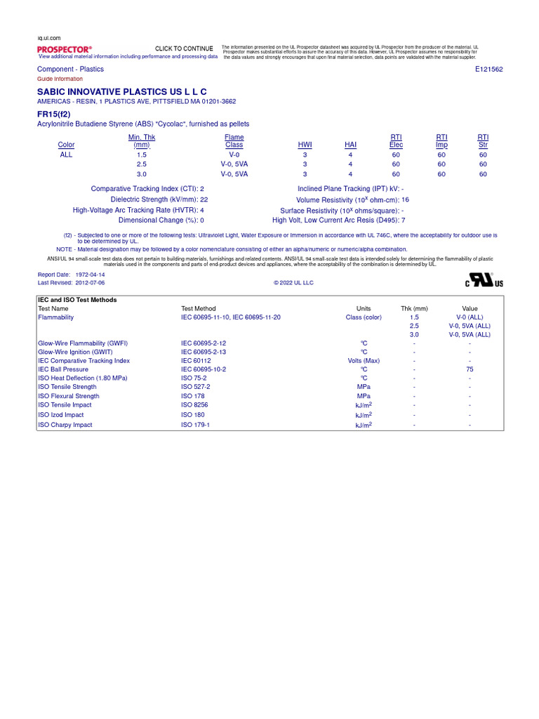 UL-Certified Cycolac FR15 Plastics | PDF | International ...