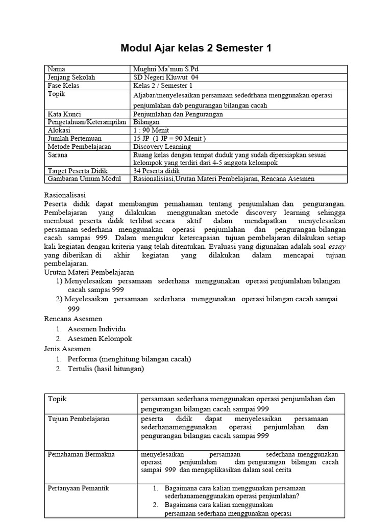 Modul Ajar Kelas 2 Semester 1 Matematika | PDF