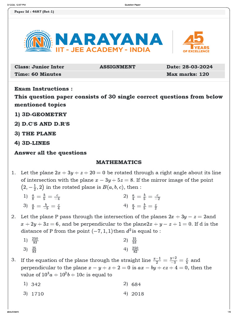 3D Geometry4687 QP | PDF | Line (Geometry) | Euclid