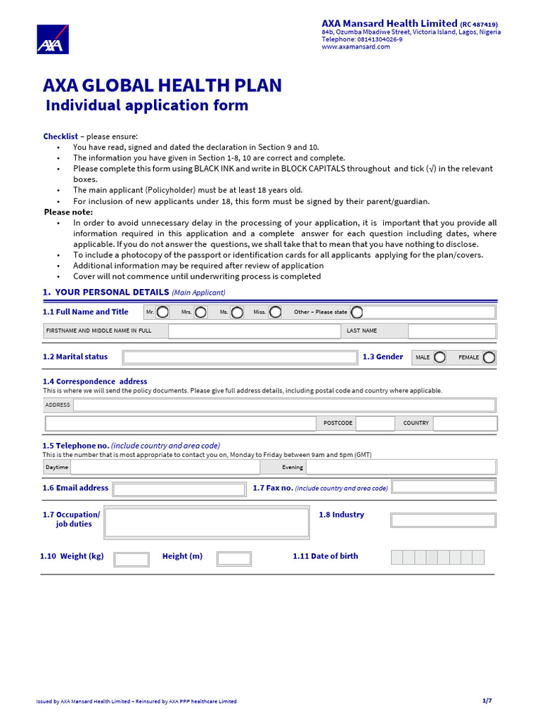 Global Plan Individual Application Form 2023 | PDF | Debit Card ...