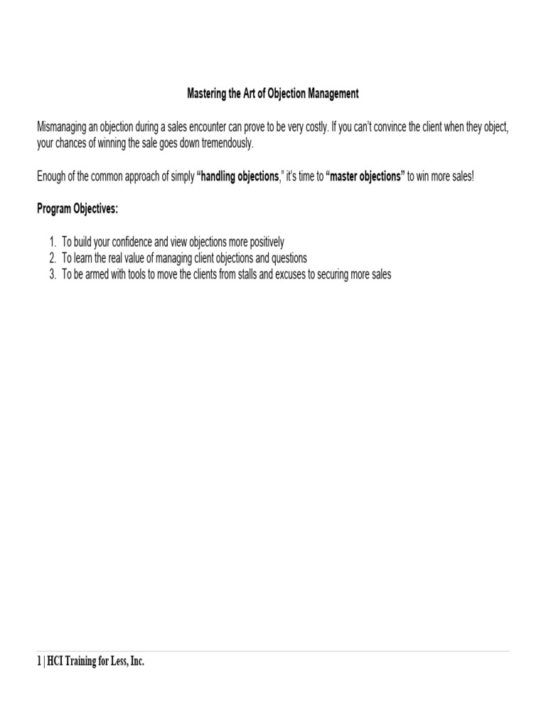 Mastering The Art of Objection Management-1 | PDF | Sales | Customer Mastering The Art of Objection Management-1 | PDF | Sales | Customer