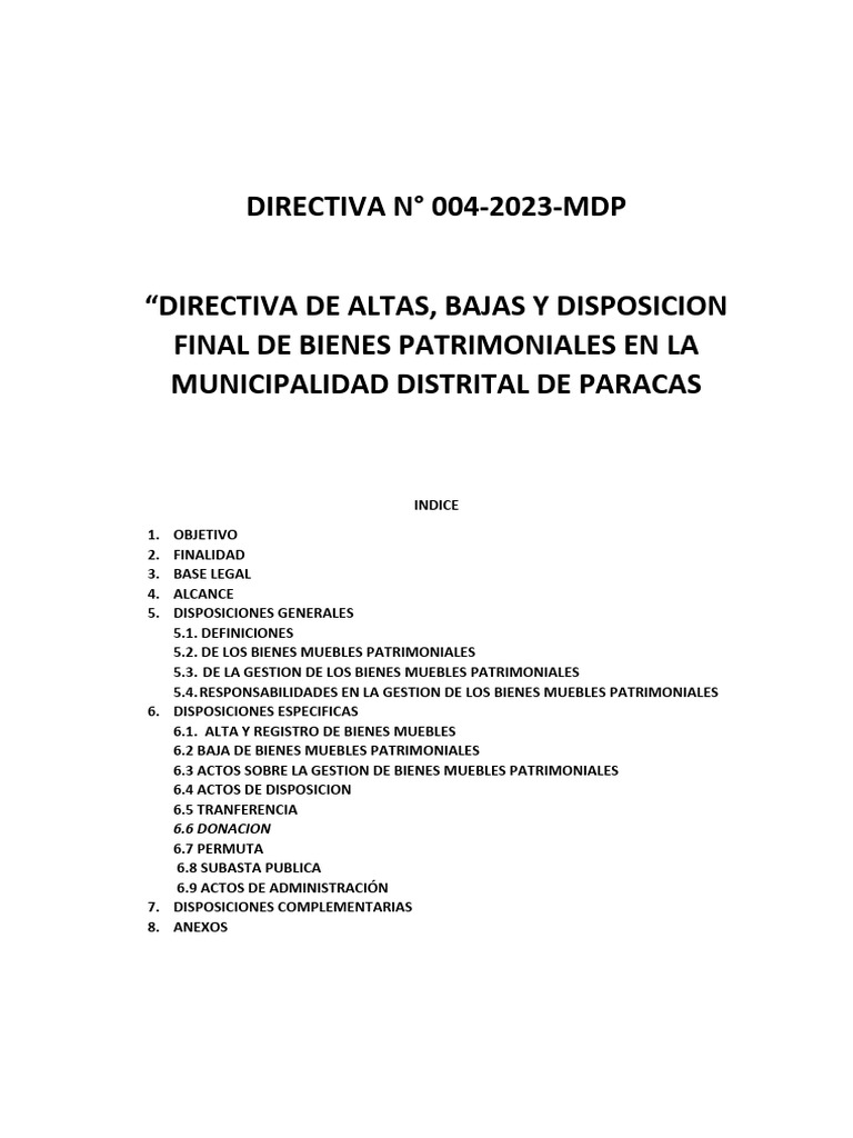 4 - DIRECTIVA DE ALTAS, BAJAS Y DISPOSICION FINAL DE BIENES PATRIMONIALES DE LA MDP (Anular ...