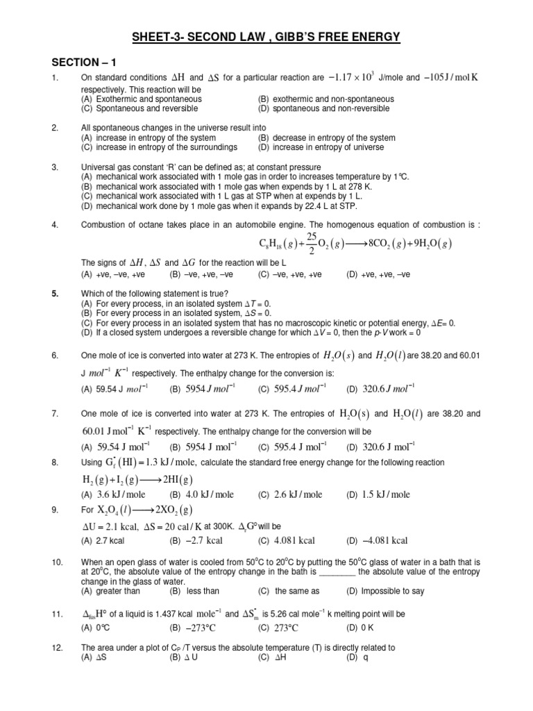 (@bohring - Bot) SHEET-3-SECOND LAW, GIBB'S FREE ENERGY | PDF | Gibbs Free Energy | Entropy