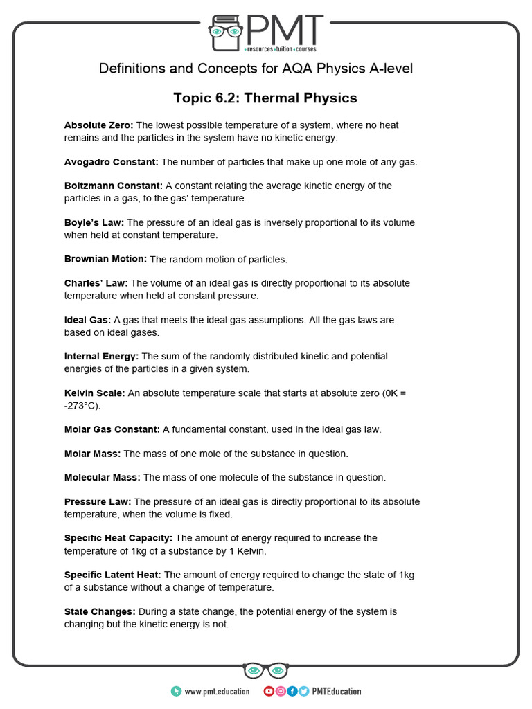 Definitions - Topic 6.2 Thermal Physics - AQA Physics A-Level | PDF