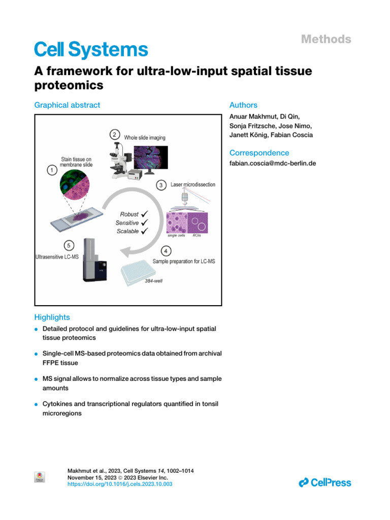 1.A Framework For Ulta-Low-Input Spatial Tissue Proteomics | PDF | Proteomics | B Cell