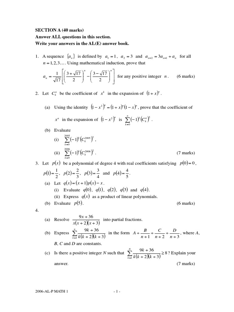 AL Pure Mathematics 2006 Papers | PDF | Algebra | Mathematics