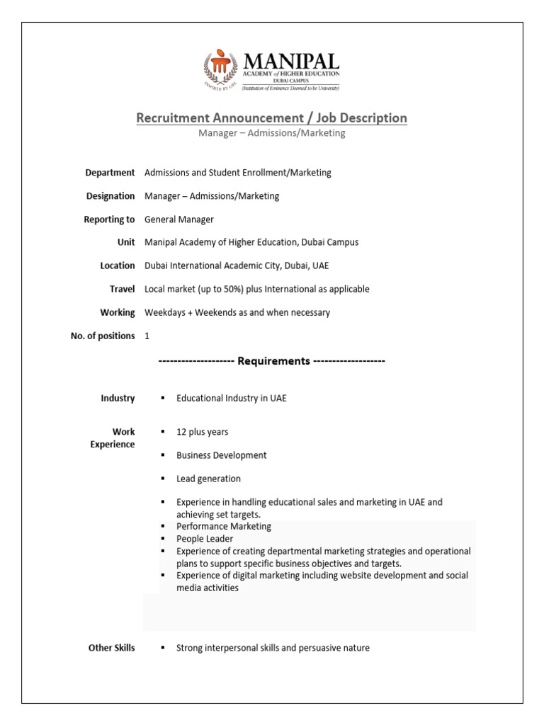 JD Manager Admissions Marketing - MAHE Dubai | PDF | Marketing | Communication