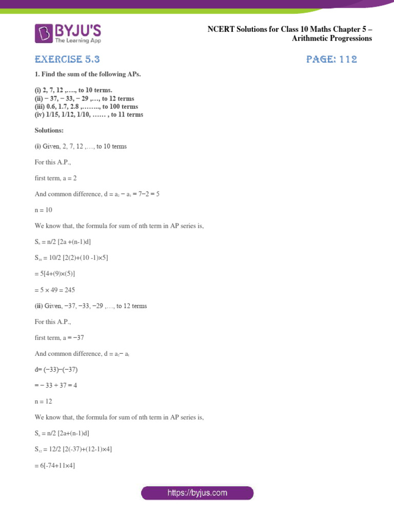 NCERT Solutions For Class 10 Maths Chapter 5 - Arithmetic Progressions Exercise 5.3 | PDF ...