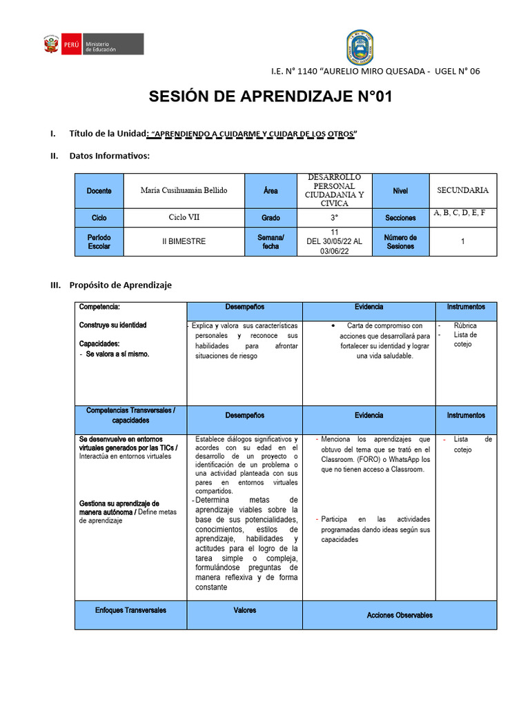 S2 U1 DPCC 3ro | PDF | Aprendizaje | Evaluación