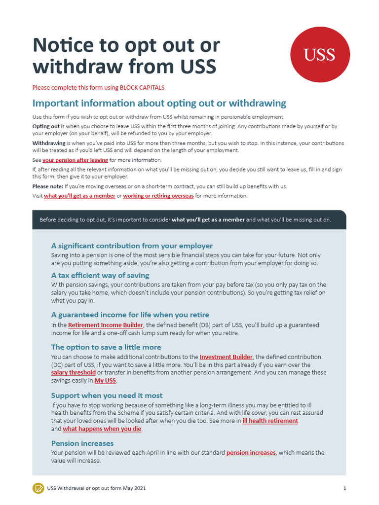 Notice To Opt Out or Withdraw From USS Form | PDF | Pension | Retirement