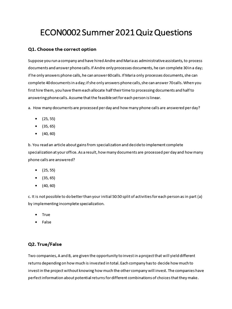 ECON0002 Summer 2021 Quiz Questions | PDF | Leasehold Estate | Demand