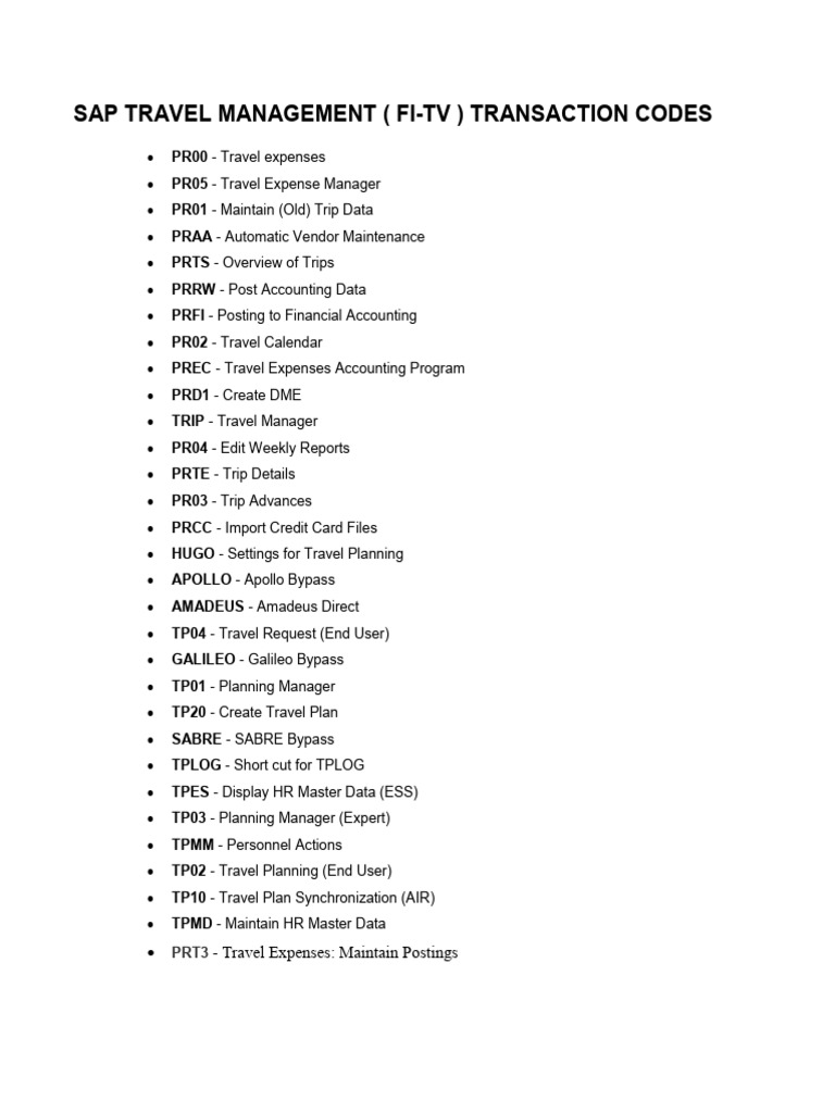 SAP Travel Management Transaction Codes | PDF