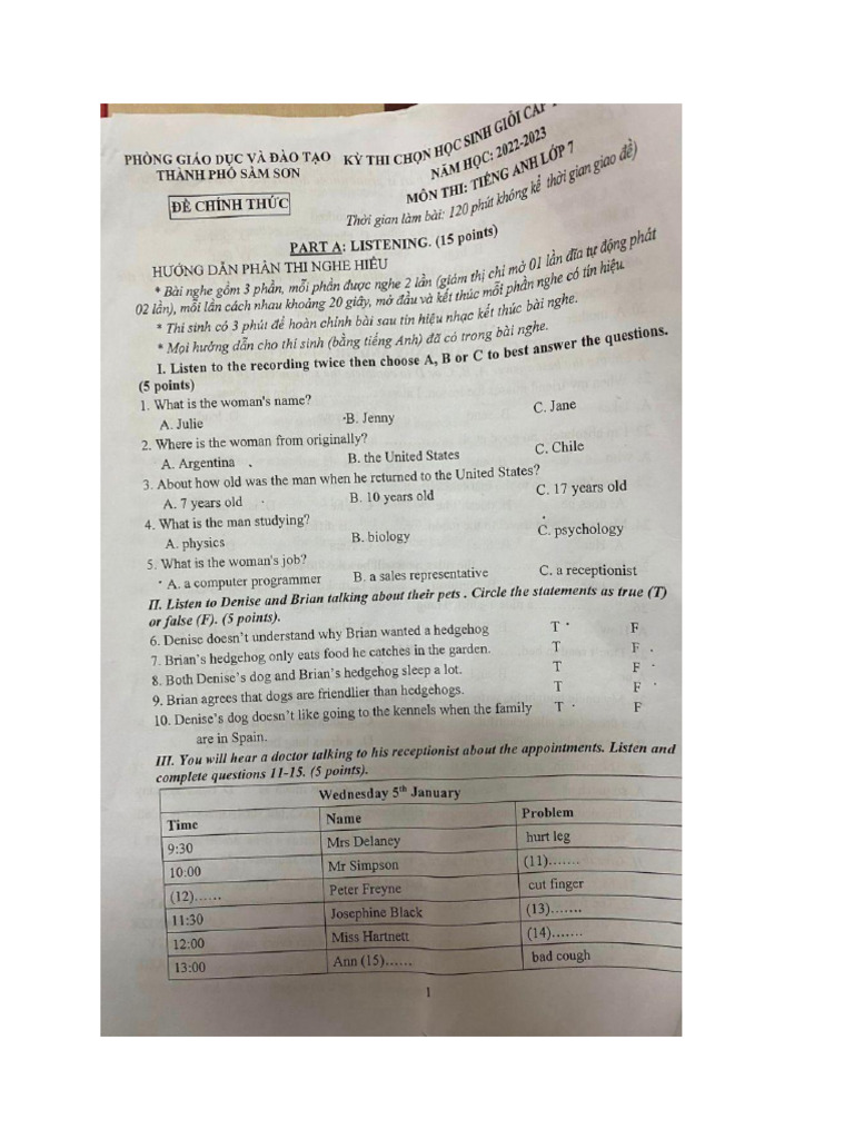 De-Thi-Hsg-Tieng-Anh-Lop-7-Cap-Thanh-Pho-Sam-Son-2023 | PDF