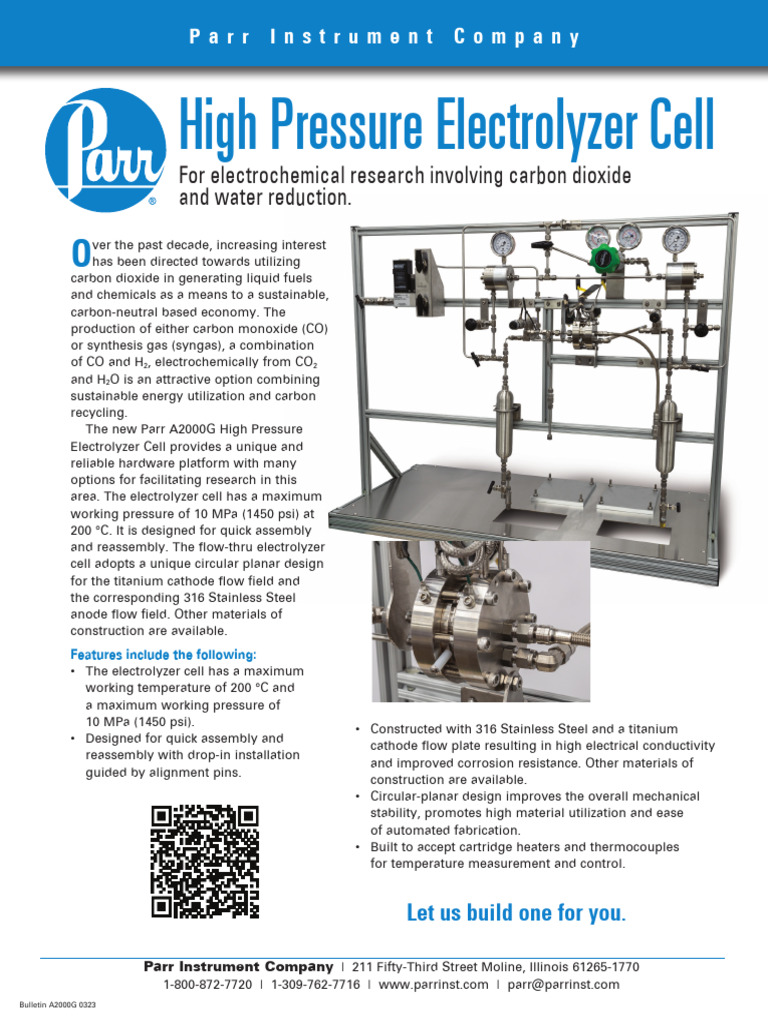 Parr - A2000G - High Pressure Electrolyzer Cell - Sales Literature ...