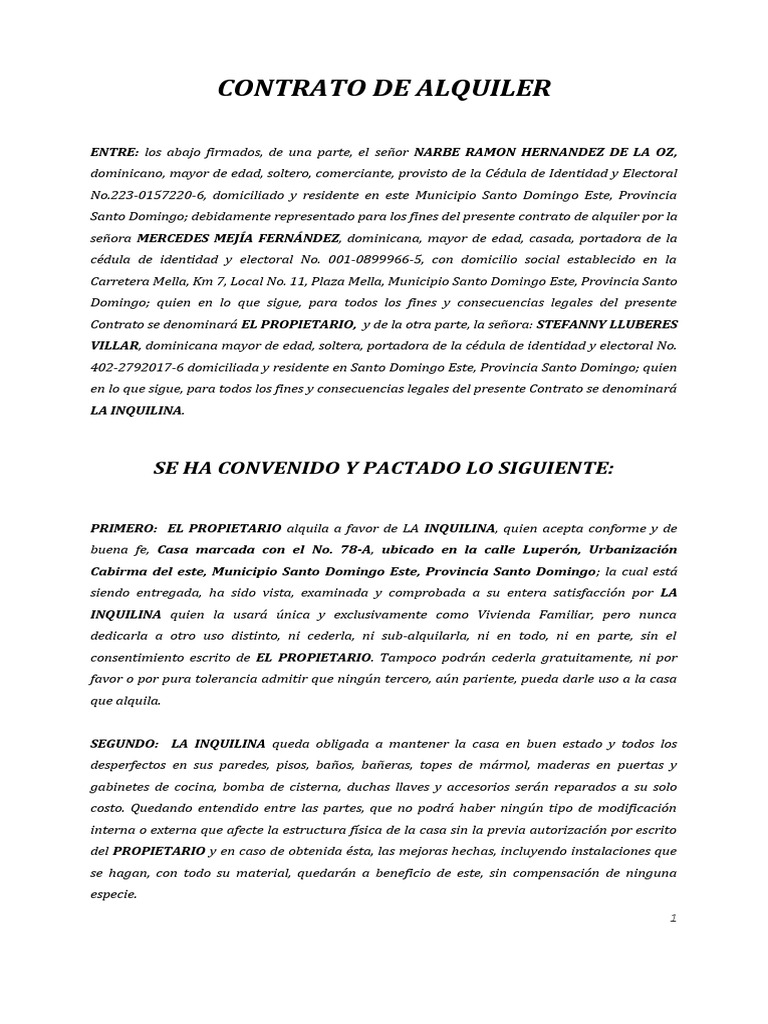 Contrato de Alquiler Narbe Ramon y Stefany Lluberes Villar Casa No. 78 ...