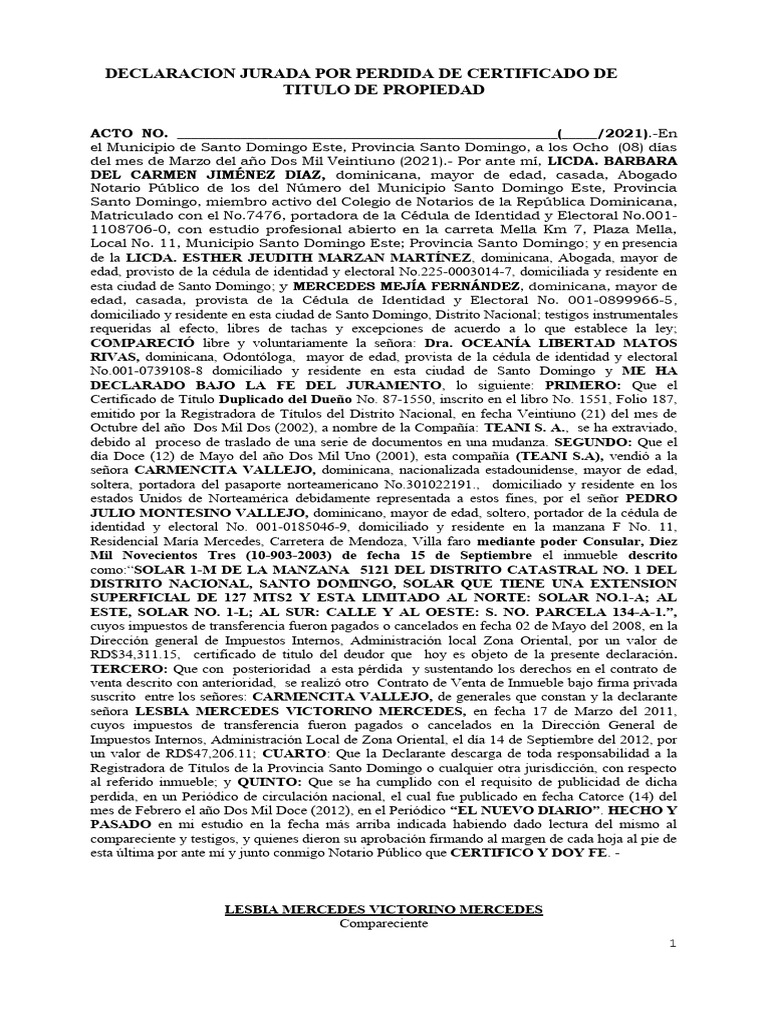 Declaracion Juradad de Perdida de Certificado de Titulo Oceania Matos | PDF | República Dominicana