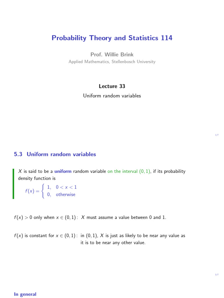 Eng Lecture 33 - Uniform Random Variables | PDF | Probability Density Function | Random Variable
