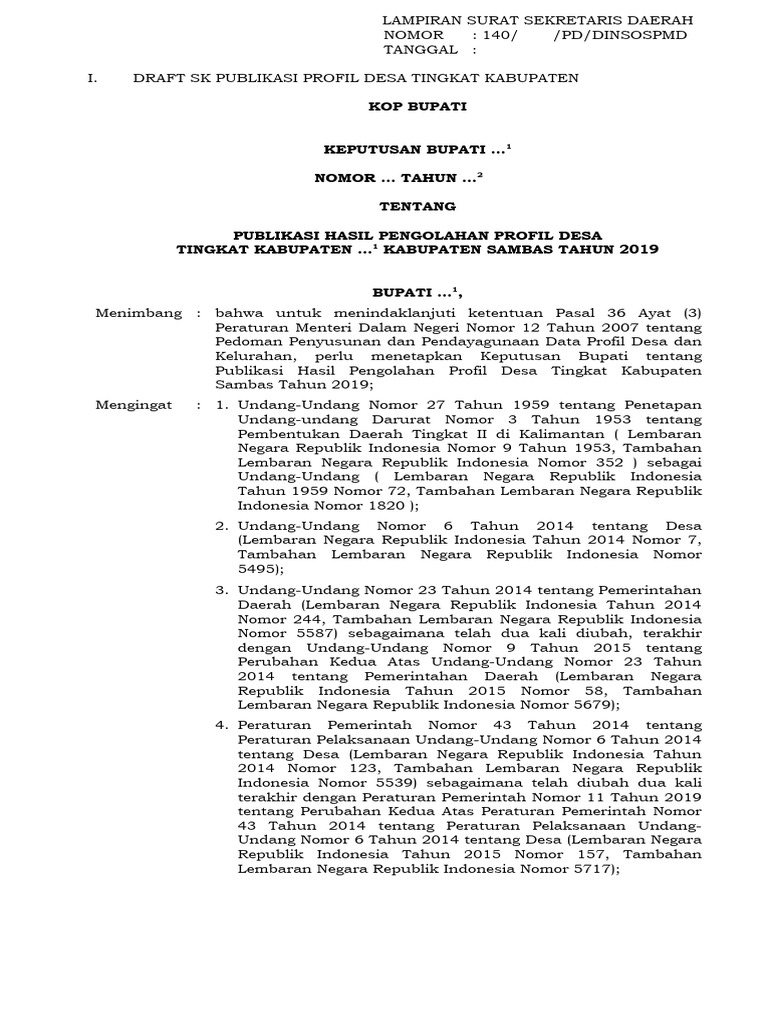 Contoh SK Publikasi PROFIL DESA Kabupaten New X | PDF