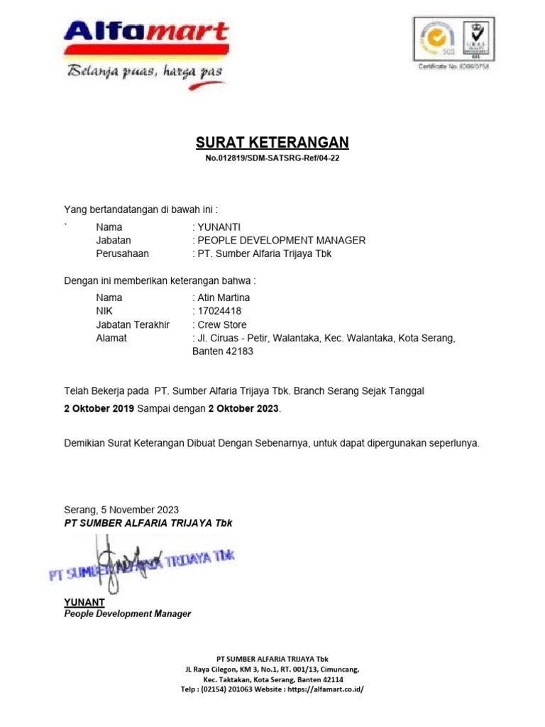 Paklaring Alfamart | PDF