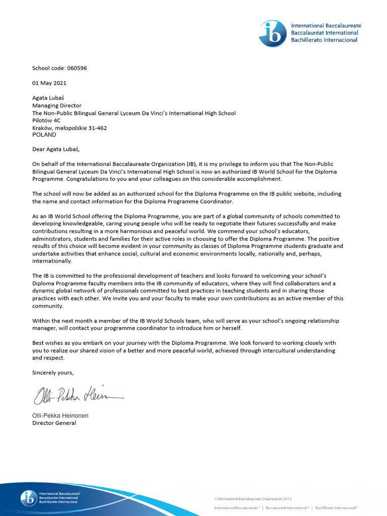 Da Vinci High School IB Authorization Letter | PDF | Social Science