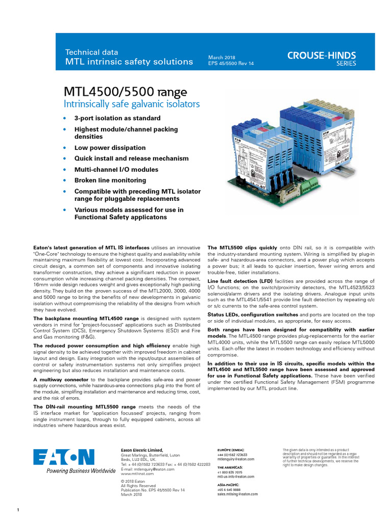 Crouse Hinds Mtl4500 Range Intrinsically Safety Galvanic Isolators ...
