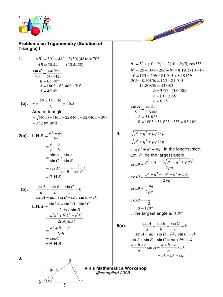 Problems On Trigonometry (Solution of Triangle) I (Core) Sol | PDF ...