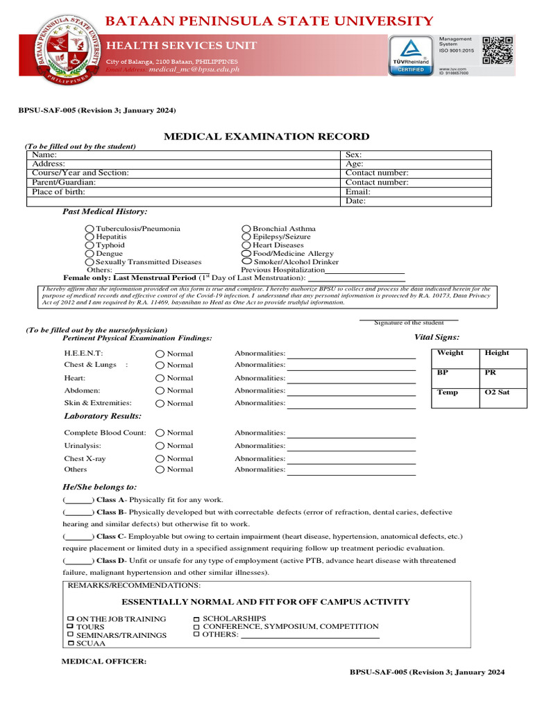 Medical Form for Pre-medical Enrollment | PDF | Physical Examination ...