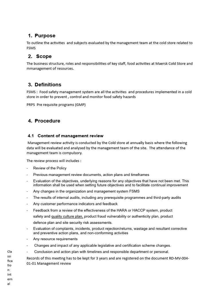 SOP - MV-004-01-00 Management Review and HACCP Meetings | PDF | Food ...