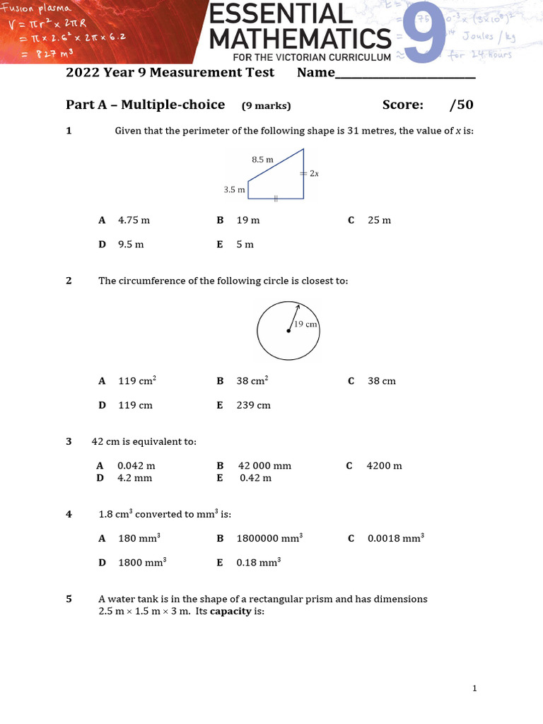 Year 9 Measurement Test 2022 | PDF | Area | Volume