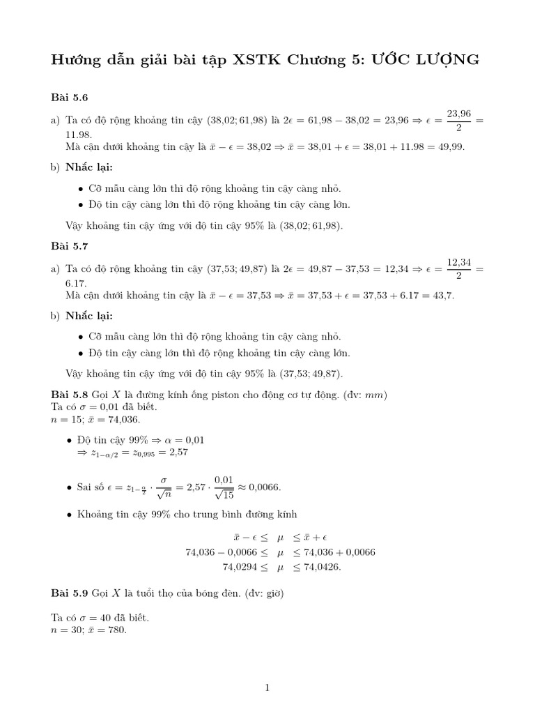 Hướng dẫn giải BT XSTK Chương 5 - T12 - 2022 | PDF
