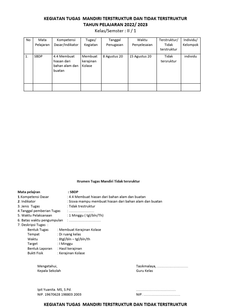 Kegiatan Tugas Mandiri Terstruktur Dan Tidak Terstruktur | PDF