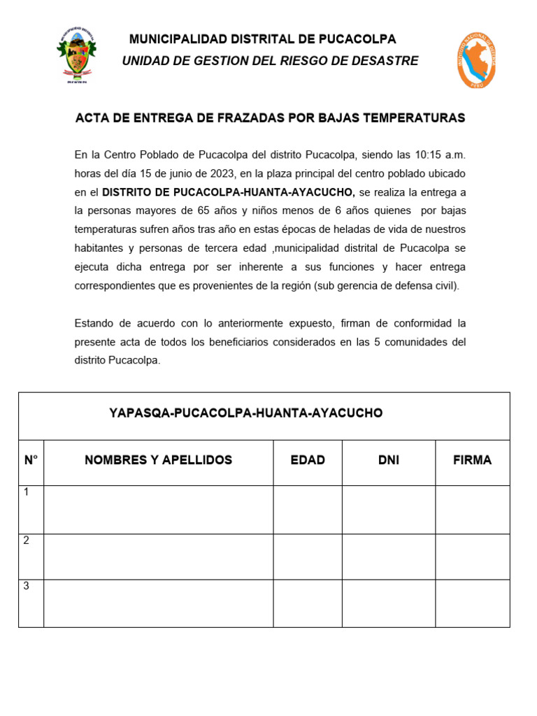 Acta de Entrega 009-Sc-Entrega Frazadas Pucacolpa | PDF | Hogar ...