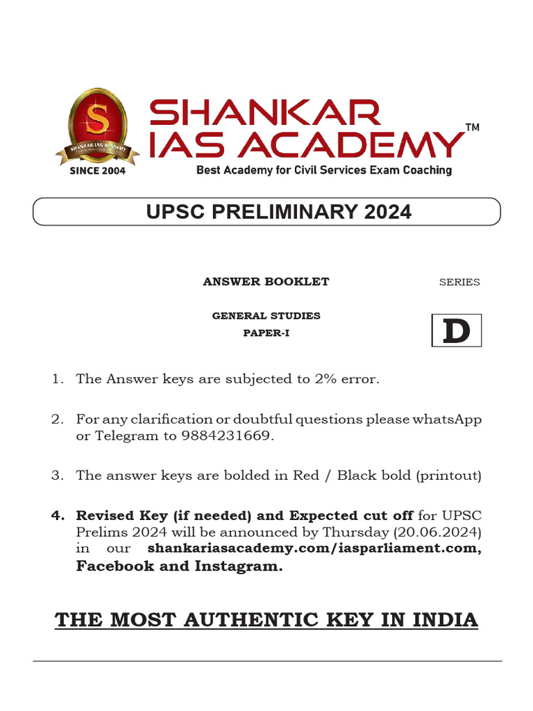 UPSC Prelims 2024 Answer Key Series D | PDF
