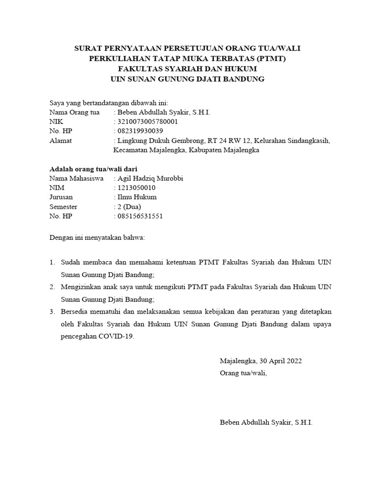 Surat Pernyataan Persetujuan PTMT | PDF | Pengembangan Diri | Sains & Matematika