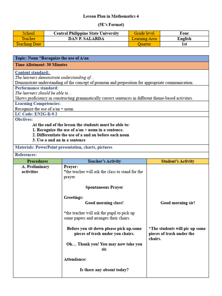 Grade 4 Lesson Plan: Articles A/An | PDF | Lesson Plan | Teachers