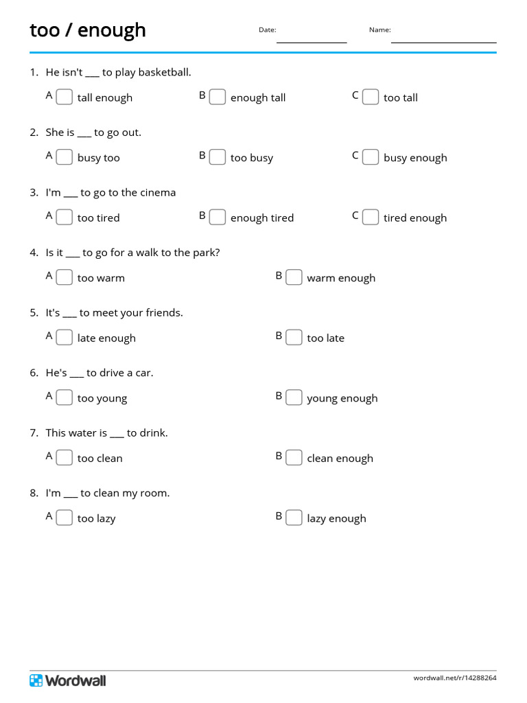Sentence Completion with "Too" and "Enough" | PDF