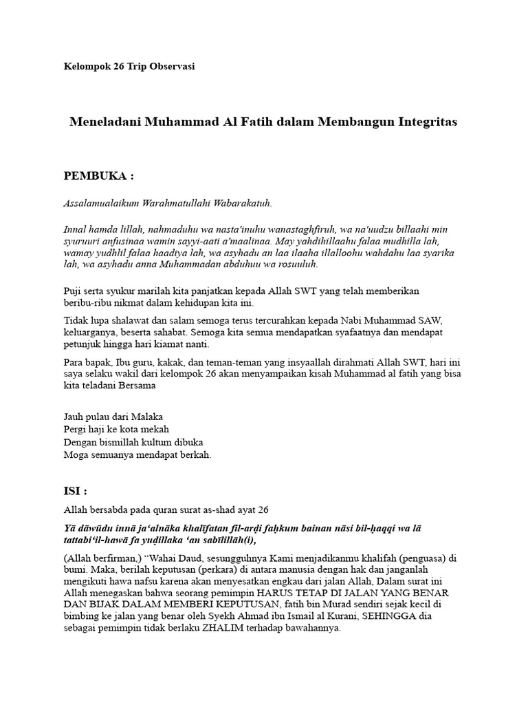 Teladan Muhammad Al Fatih dalam Integritas | PDF