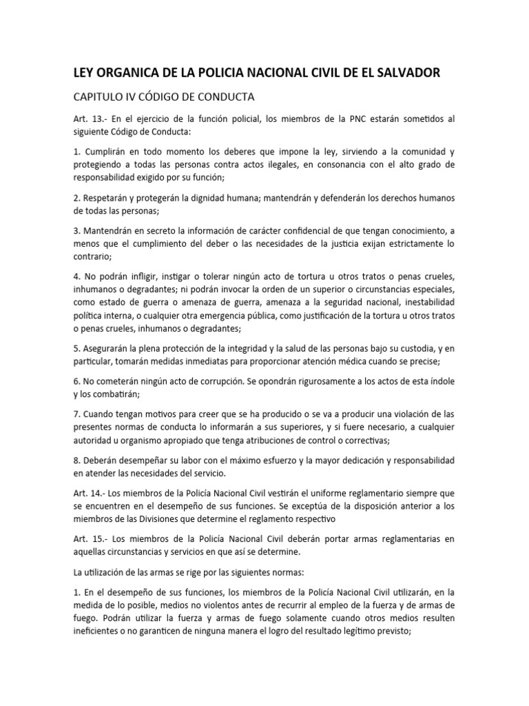 Ley Organica de La Policia Nacional Civil de El Salvador | PDF | Policía | Institución