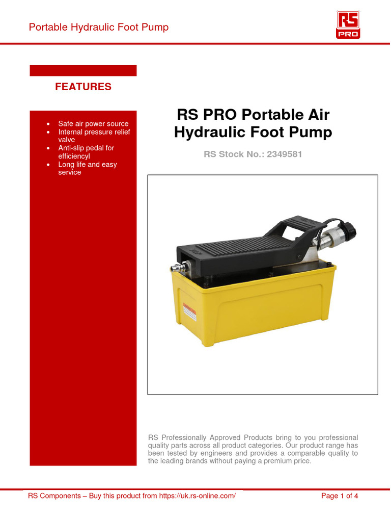 RS PRO Portable Air Hydraulic Foot Pump: Features | PDF | Pump ...