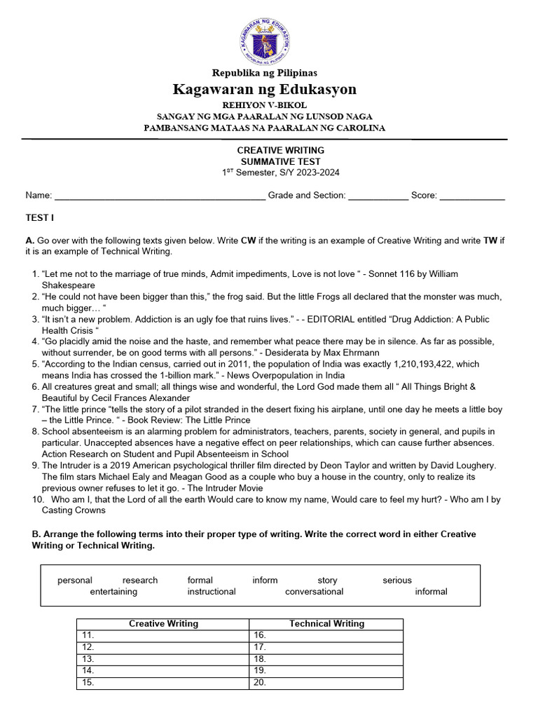 Creative Writing Summative Test 2023-2024 | PDF | Metre (Poetry) | Poetry
