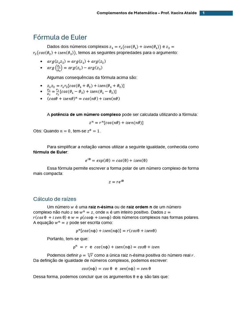 Fórmula de Euler e Aplicações | PDF | Número complexo | Aritmética