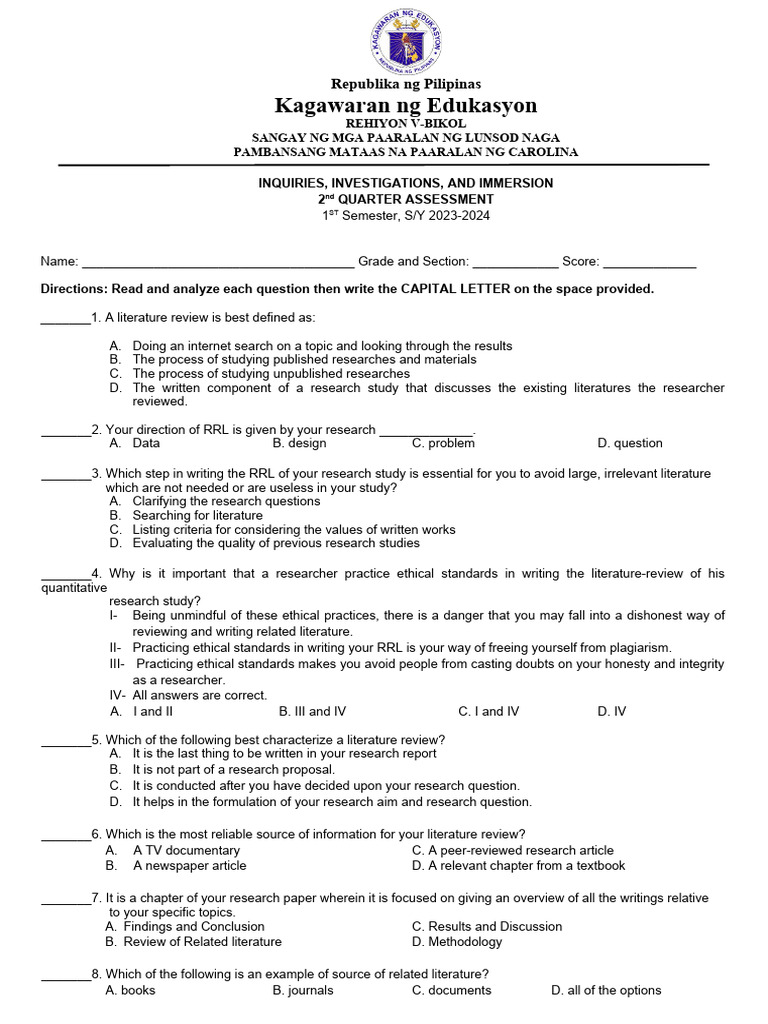 2nd Quarter Assessment: Literature Review | PDF | Citation | Literature ...