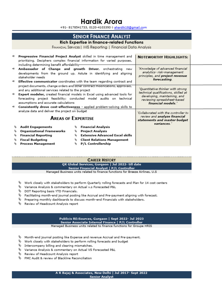 Hardik Arora Resume | PDF | Audit | Financial Analyst