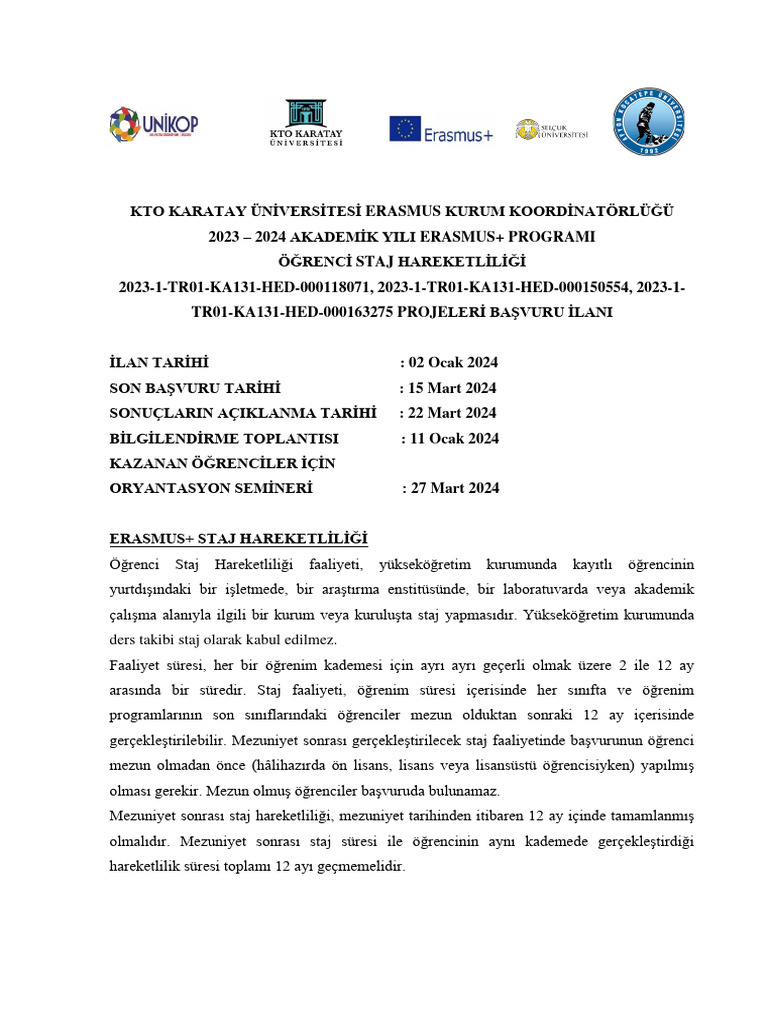 02 - 01 - 2024 Erasmus Staj İlanı | PDF